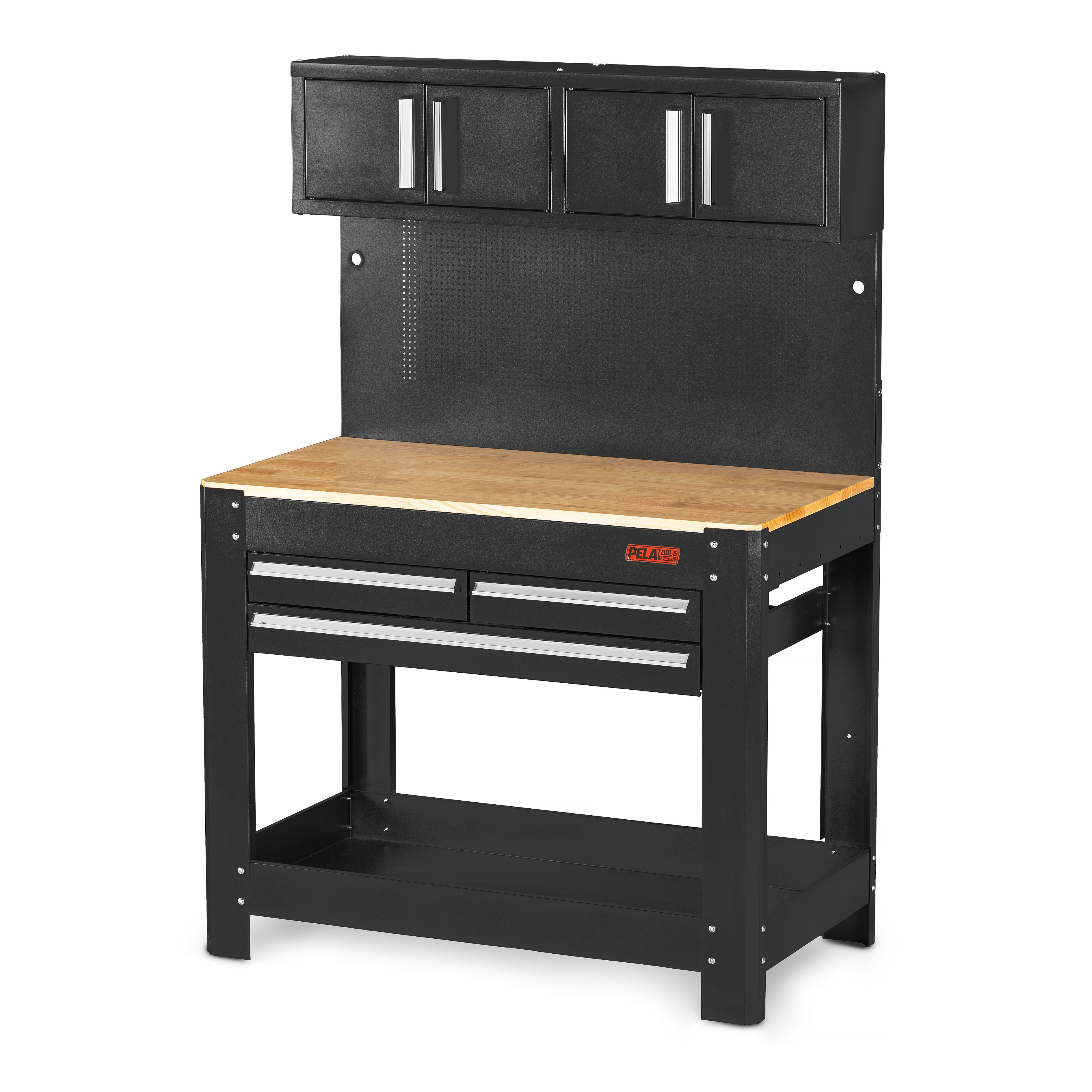 Kjøp PELA Arbeidsbenk med skuffer, hylle & overskap, svart med trebenk ...